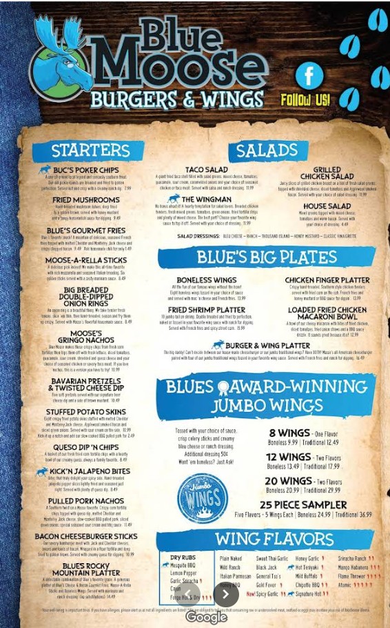 Blue Moose Burgers & Wings Restaurant Menu | Best Wings & Burgers in ...